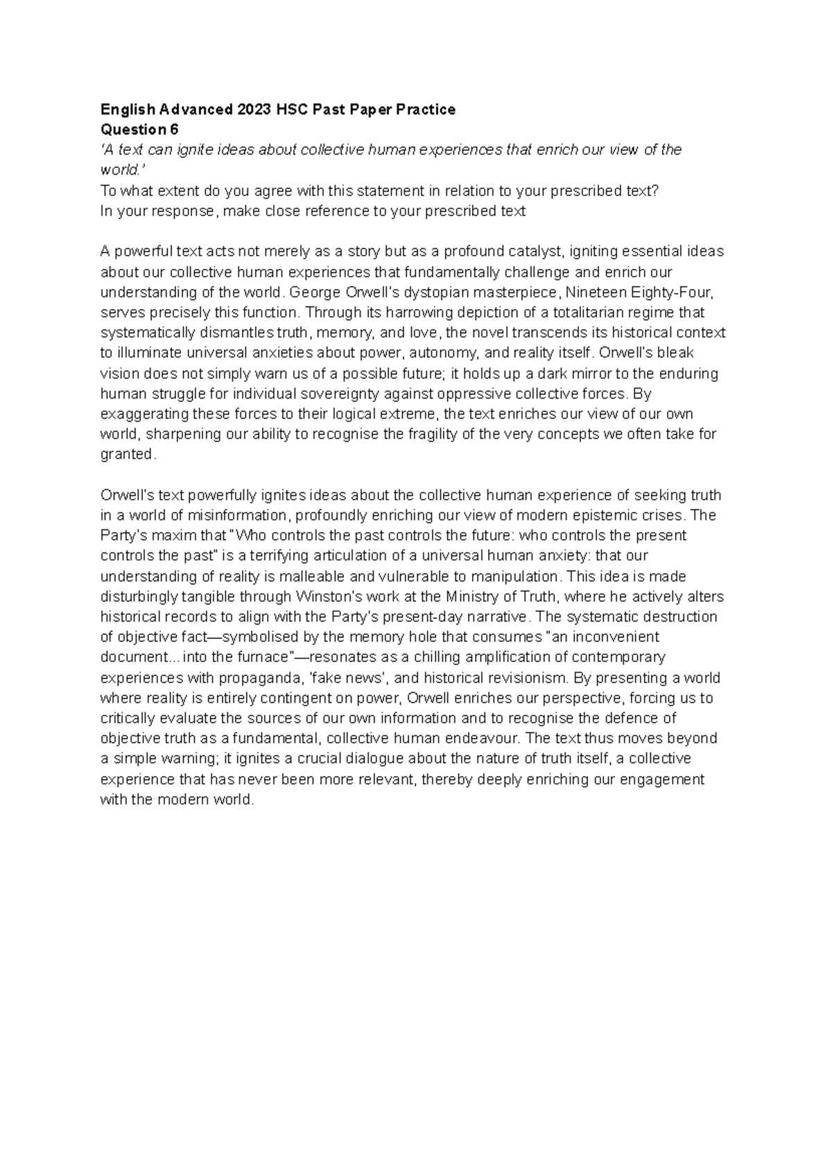 English Advanced 2023 HSC Past Paper: Collective Human Experiences ...