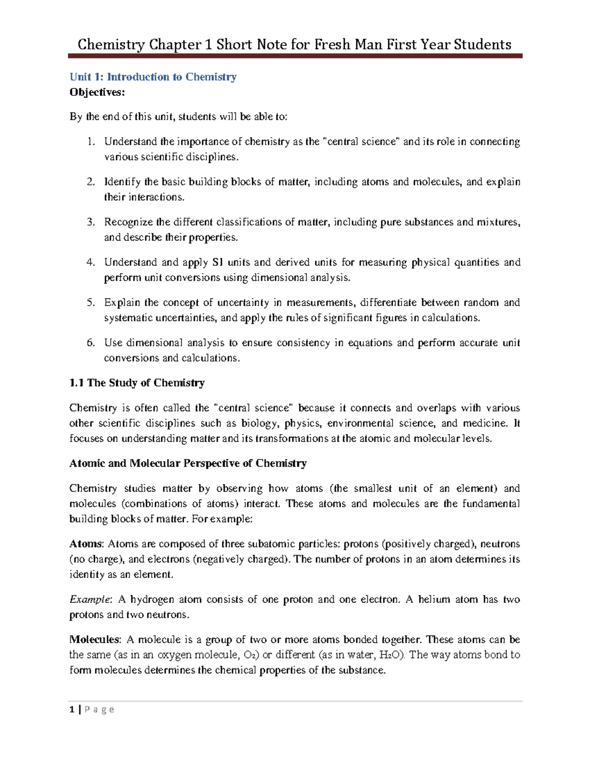 Greneral Chemistry (1012) Unit 1 Short notes - Unit 1: Introduction to ...