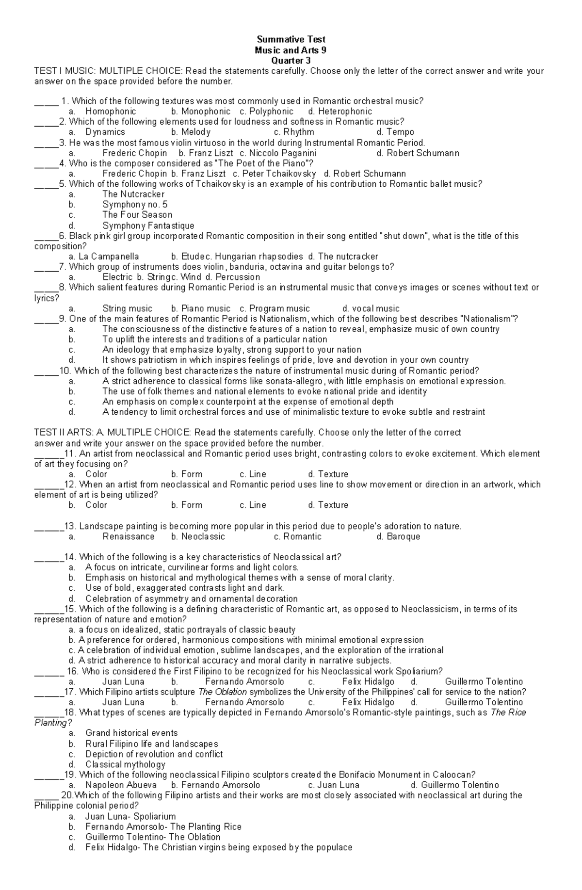 Summative Test music arts q3 - Summative Test Music and Arts 9 Quarter ...