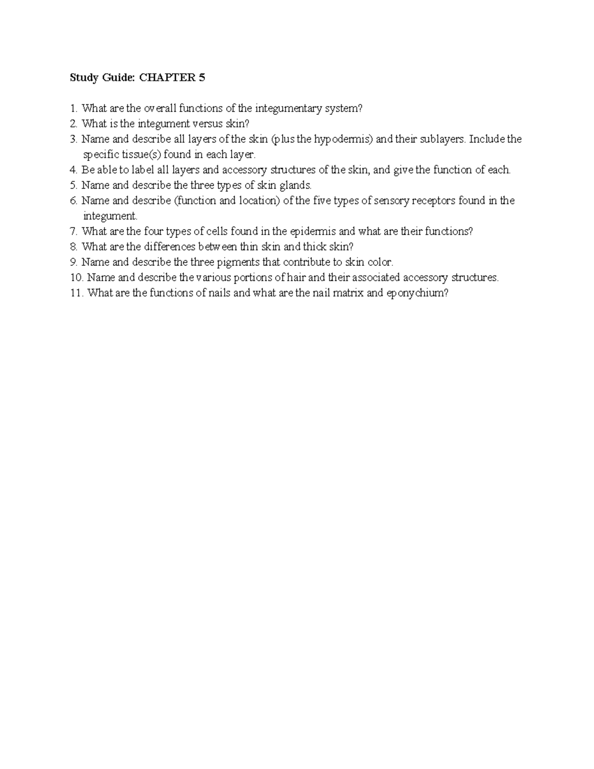 Chapter 5 Study Guide: Integumentary System Functions & Structures ...