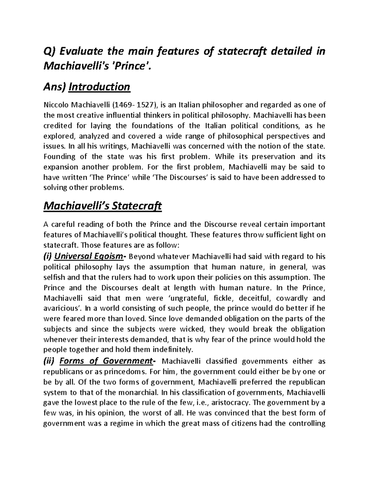 Machiavelli's Statecraft Analysis: Key Features from 'The Prince' - Studocu