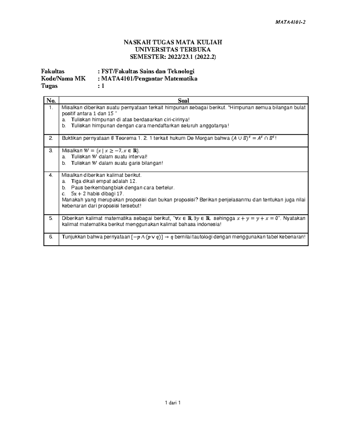TMK 1 - Tugas Pengantar Matematika: Himpunan dan Logika - Studocu
