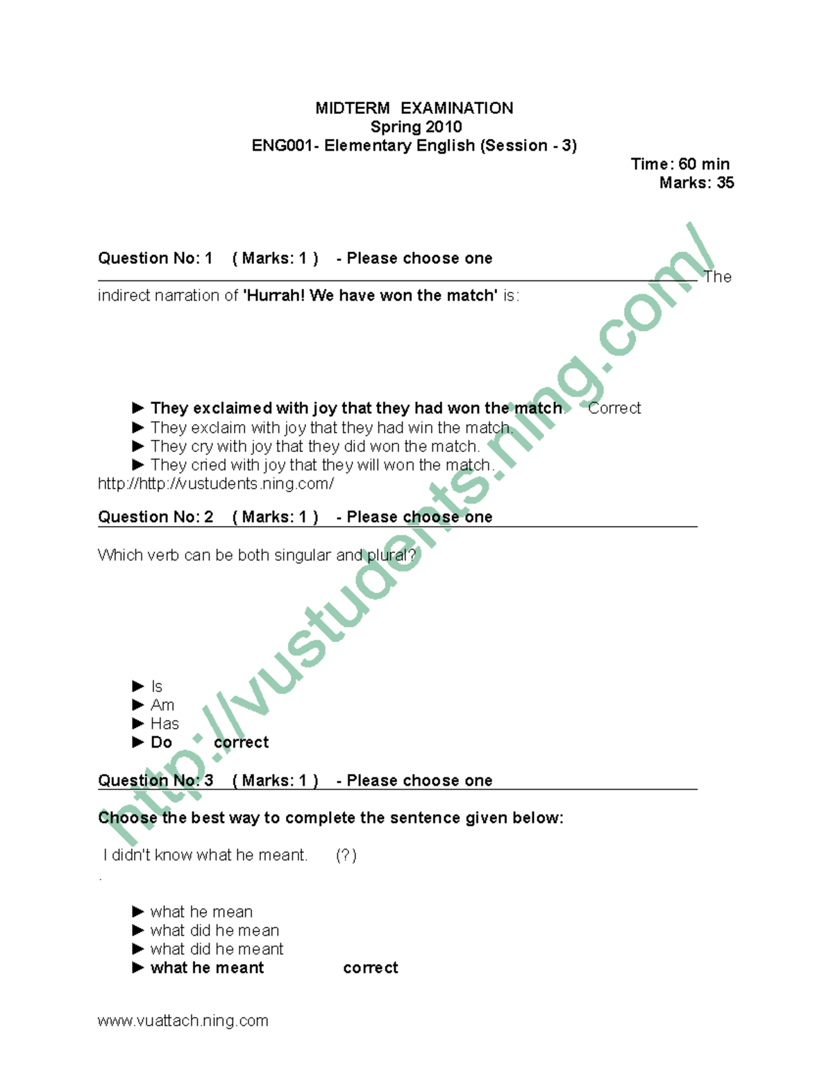 ENG 001 Midterm Exam Papers Compilation: All Solutions Included - Studocu