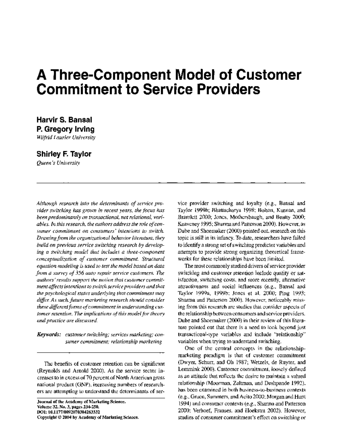 A Model of Customer Commitment in Service Providers (BANSAL 2004) - Studocu