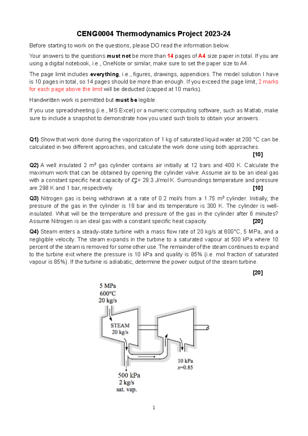 CENG0004 Thermodynamics Project Guidelines & Questions 2023 - Studocu