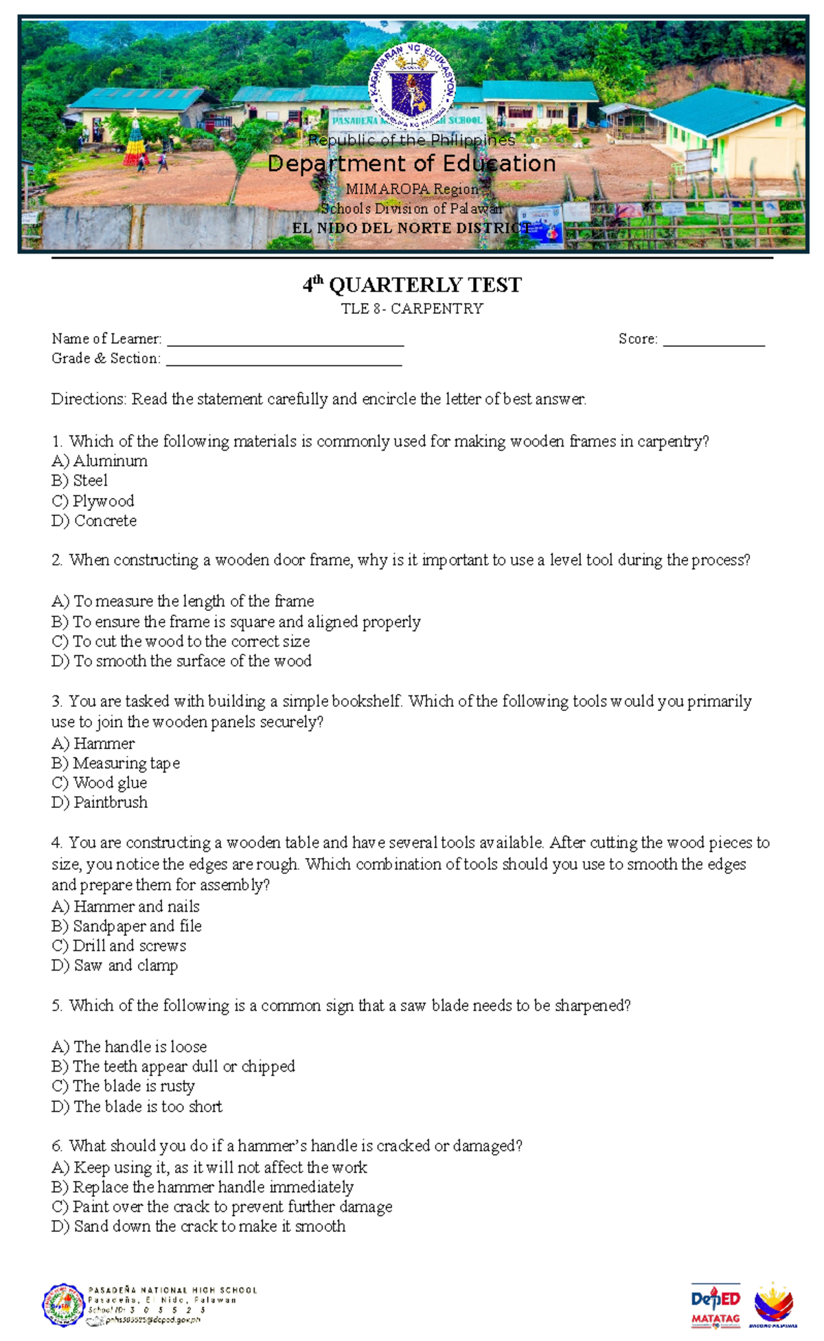 TLE 8 - Carpentry Summative Test for 4th Quarter Evaluation - Studocu