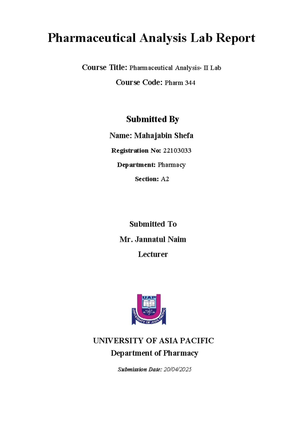 Pharm 344: Pharmaceutical Analysis II Lab Report on UV ...