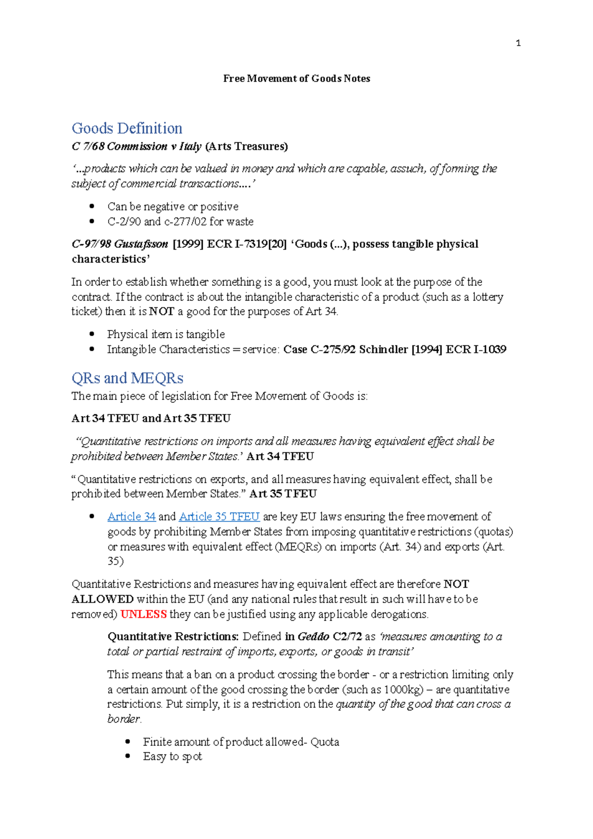 Free Movement of Goods Notes: Key EU Laws & Case Analysis (Law 101 ...