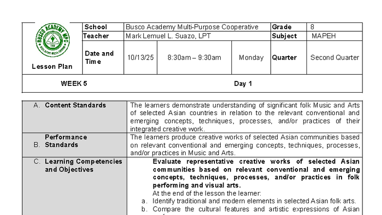CO 2nd Quarter Lesson Plan: Asian Folk Arts Performance (Grade 8 MAPEH ...
