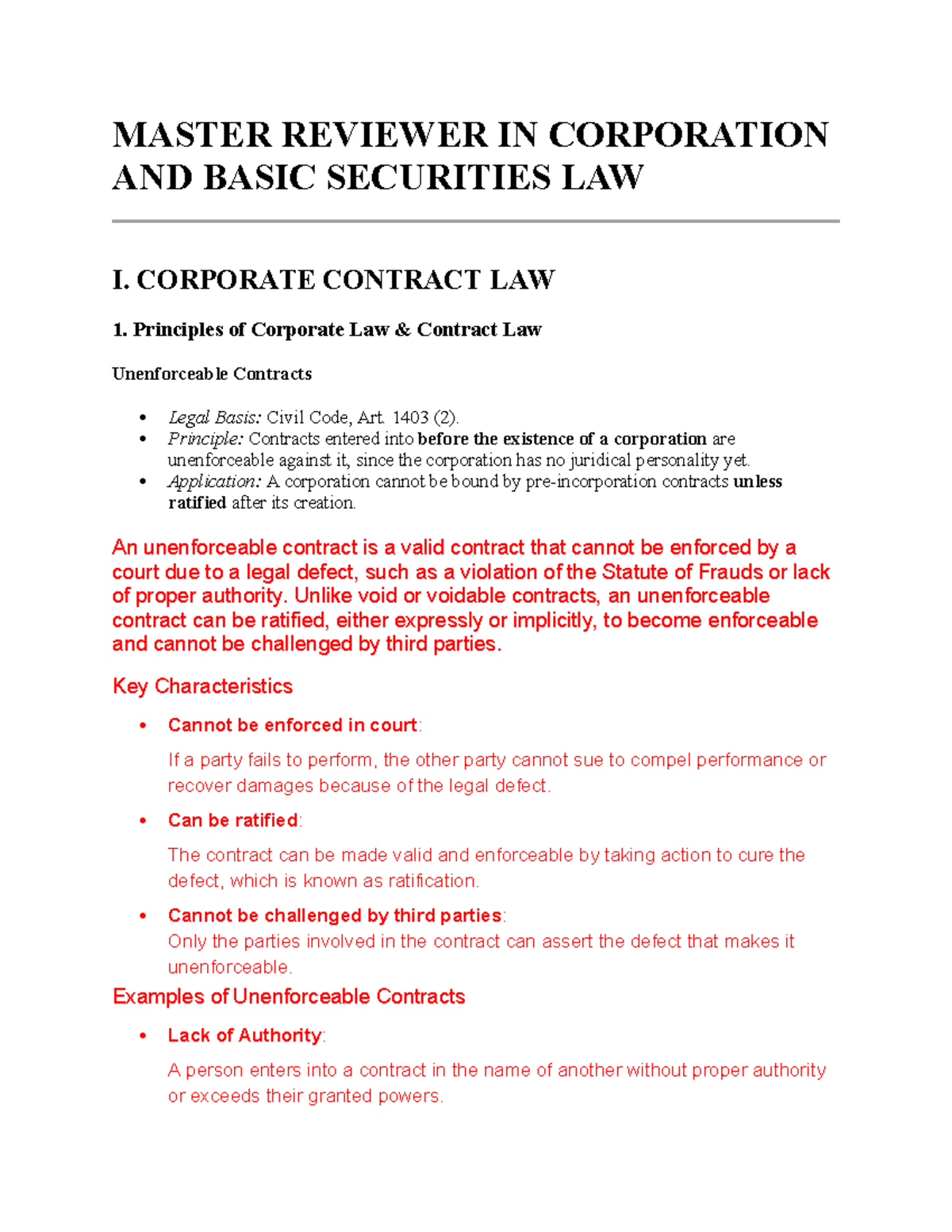 MASTER REVIEWER IN CORPORATION & BASIC SECURITIES LAW I: UNENFORCEABLE ...