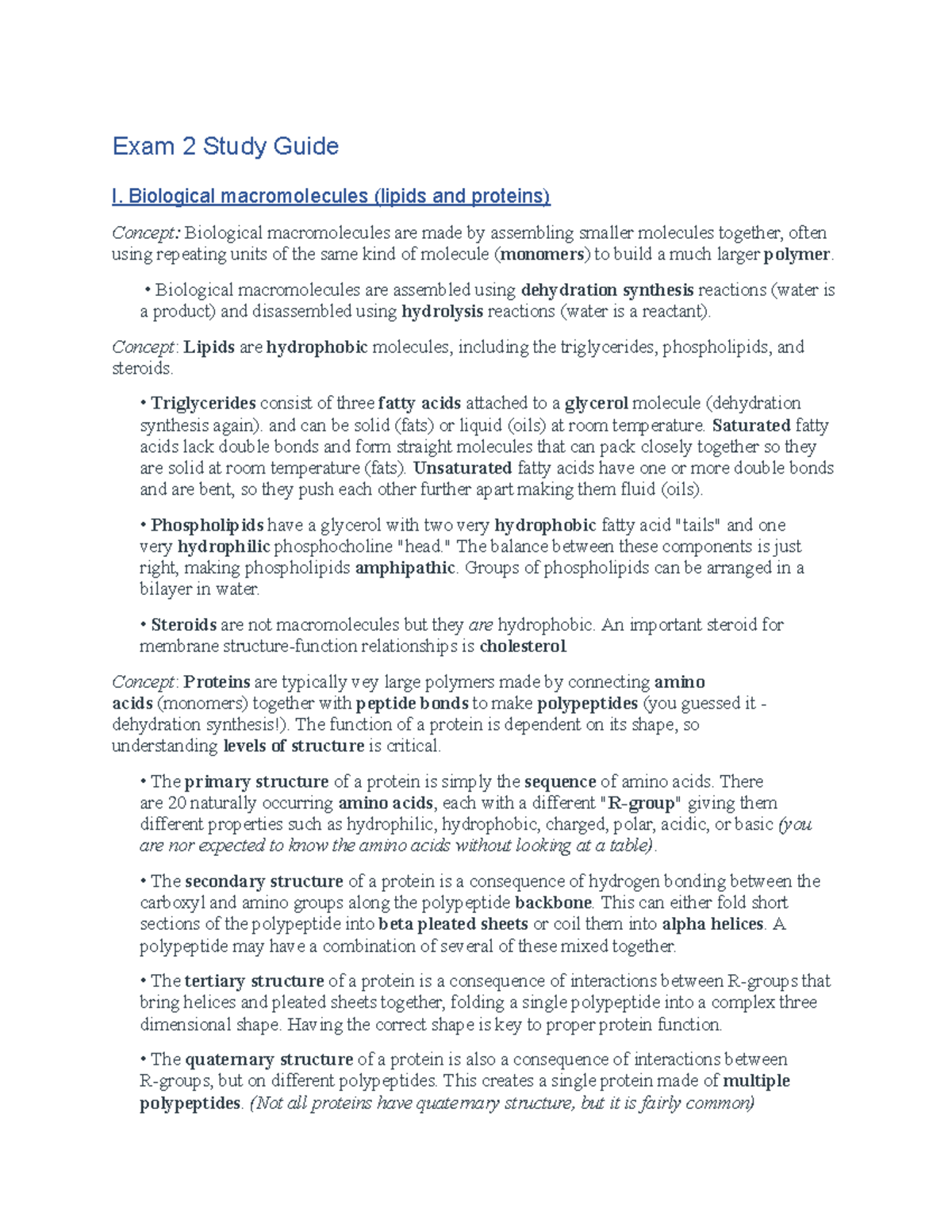 Study Guide: Exam 2 - Biological Macromolecules & Membrane Structure ...