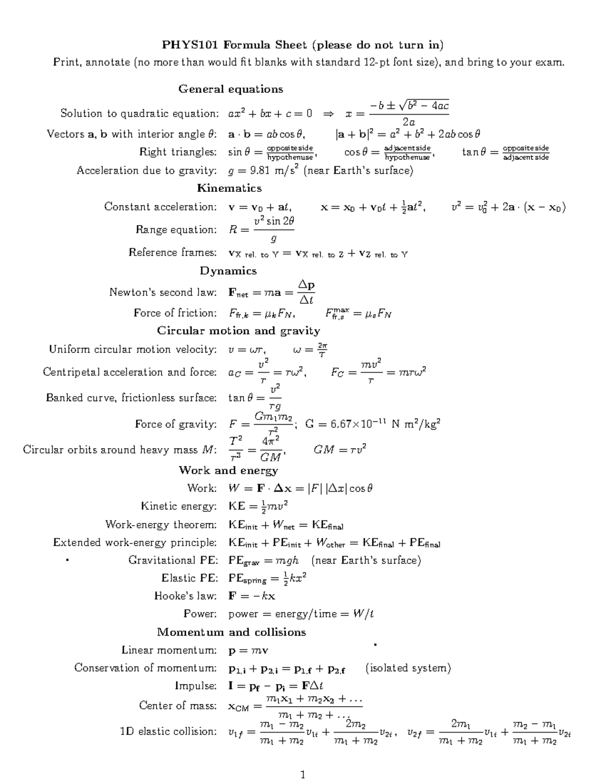 PHYS101 Final Exam Formula Sheet for Kinematics & Dynamics - Studocu