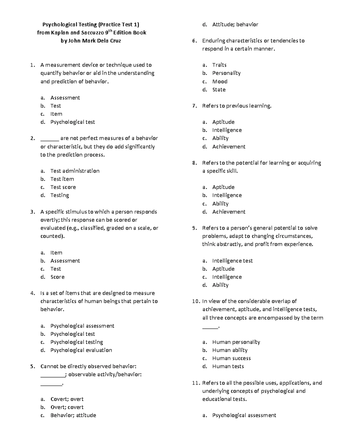 Test bank for psychological testing 9th edition by kaplan - 1 to a ...