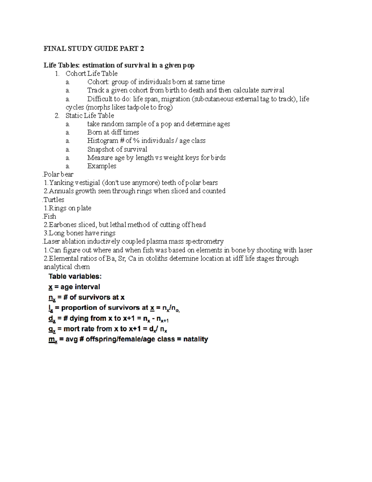 Final Study Guide: Ecology 2250 - Life Tables & Population Dynamics ...