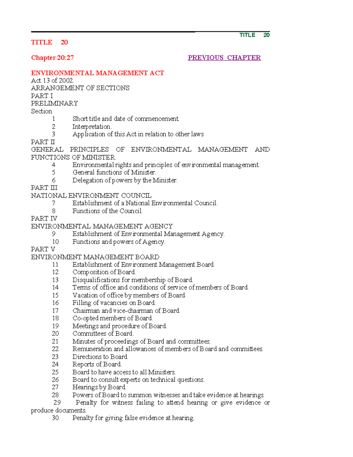 Environmental Management Act [Chapter 20:27] Overview - Studocu