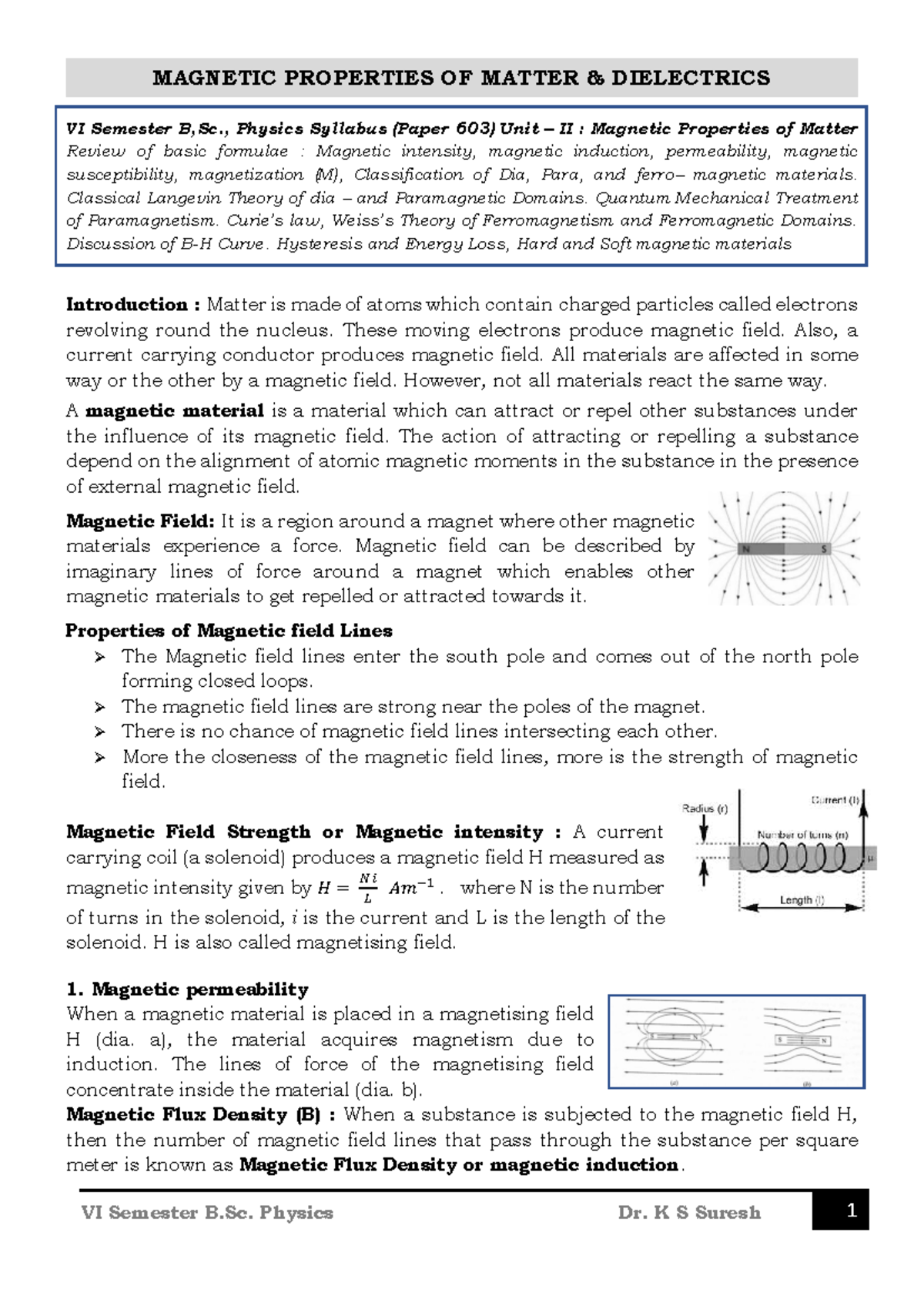 VI Sem B.Sc. Physics Paper 603: Magnetic Properties of Materials & Dielectrics - Studocu
