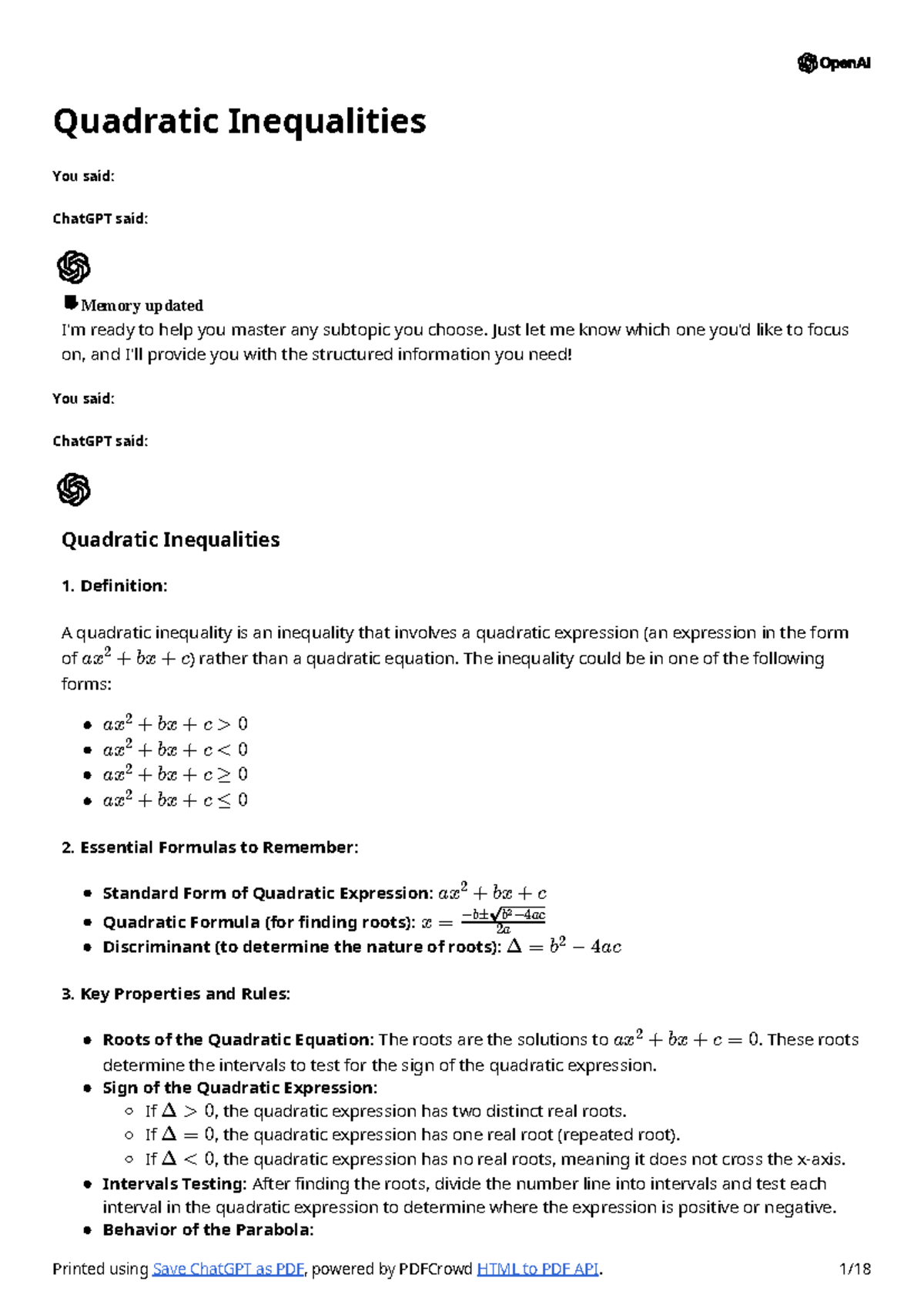 03 Quadratic Inequalities: Understanding and Solving Techniques - Studocu