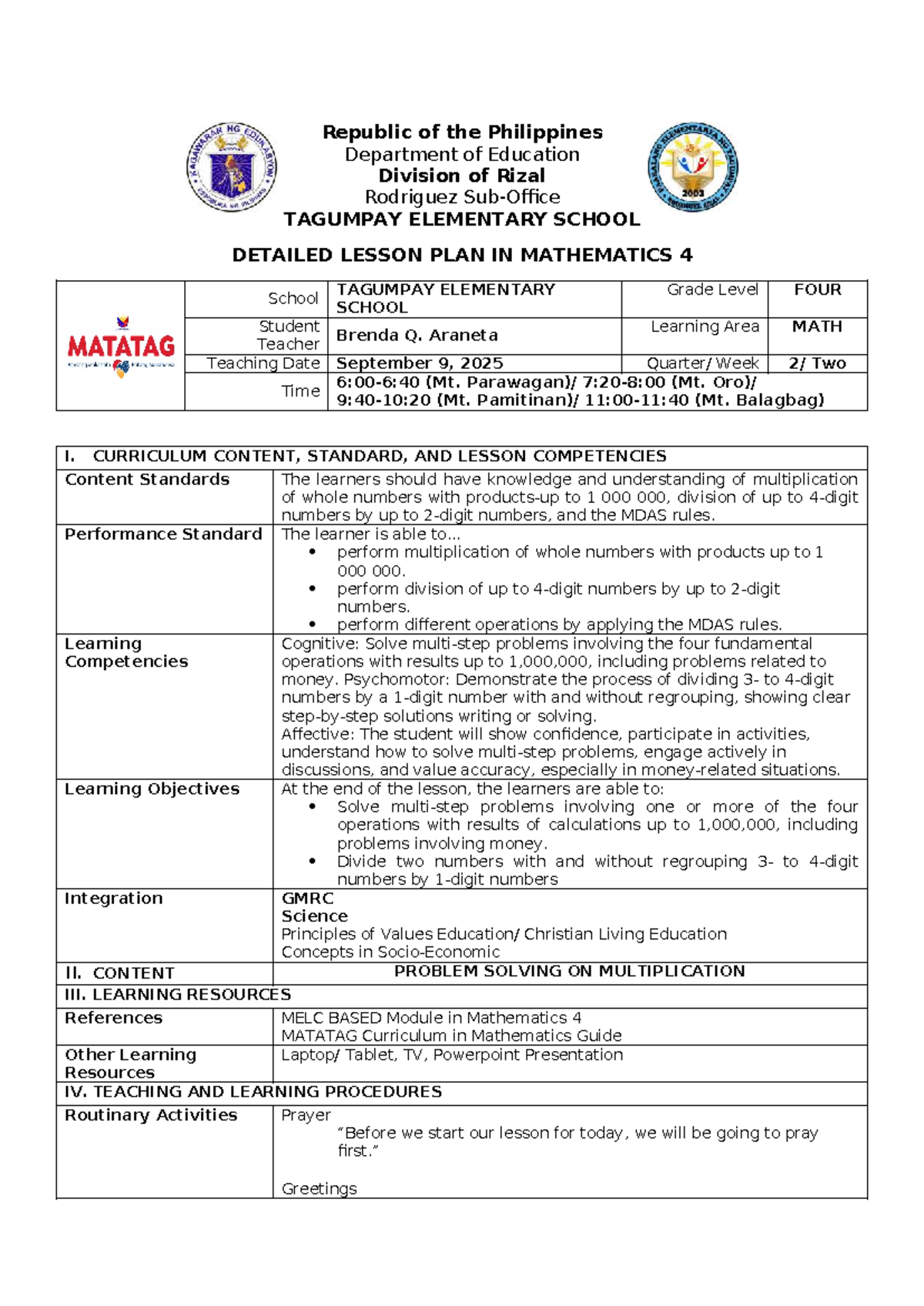 DLP in Mathematics 4: Detailed Lesson Plan by Brenda Q. Araneta - Studocu