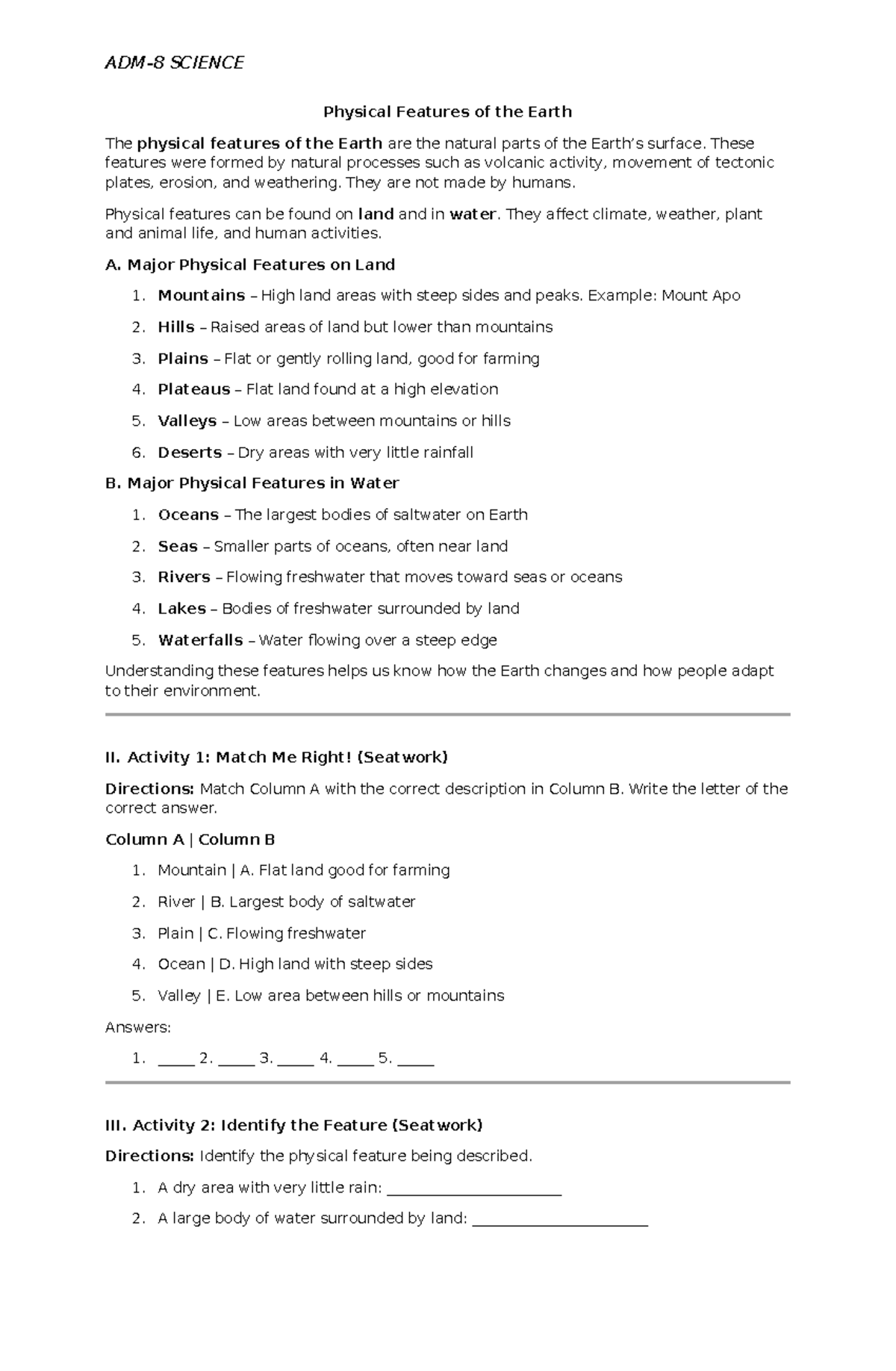 SCIENCE Physical Features of the Earth: Major Land and Water Forms ...