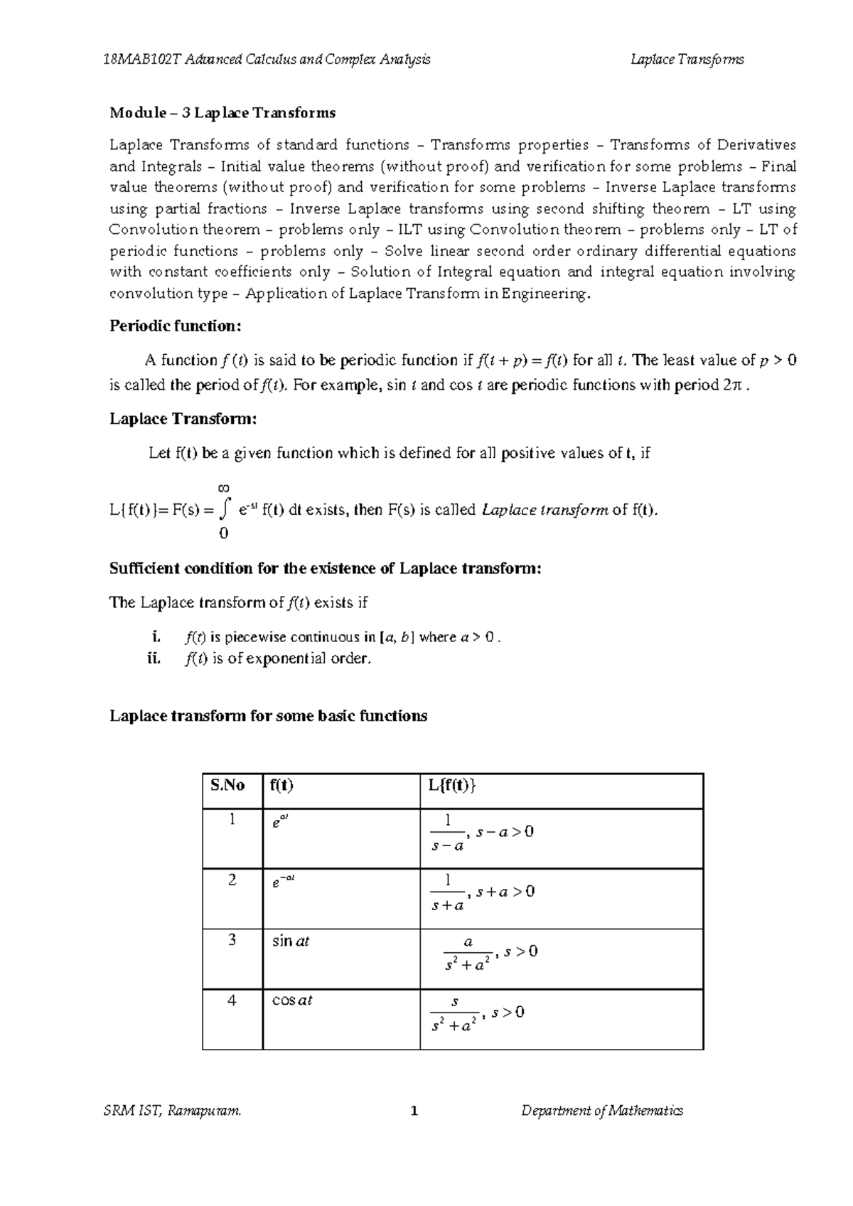 18MAB102T Advanced Calculus and Complex Analysis: Laplace Transforms ...
