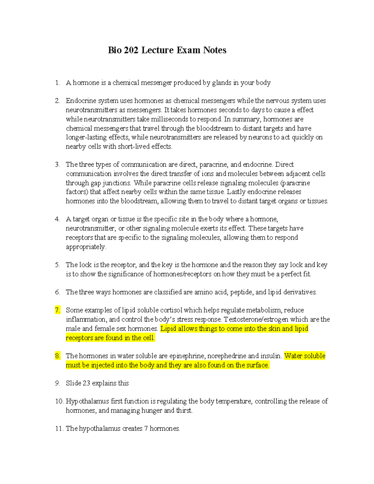 Bio 202 Exam 1 Notes - Bio 202 Lecture Exam Notes A hormone is a ...