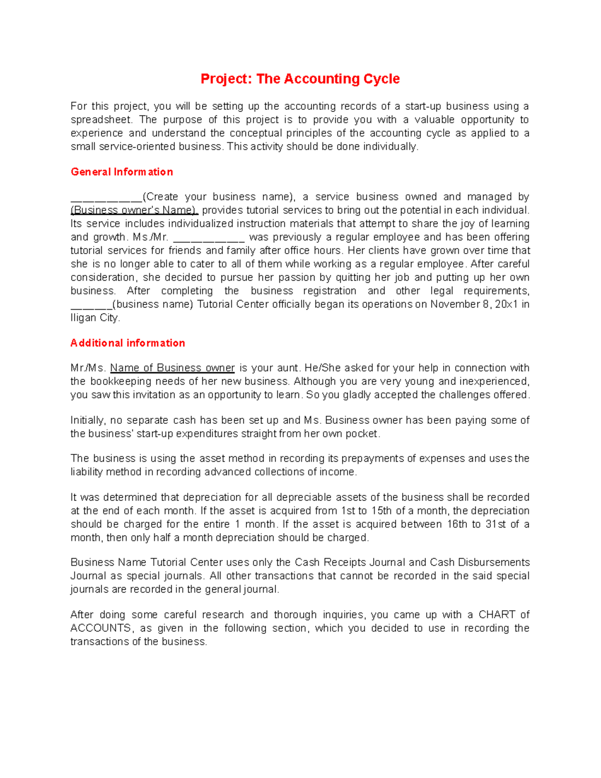 Accounting Cycle Project: Setting Up Business Records (Practice Set ...