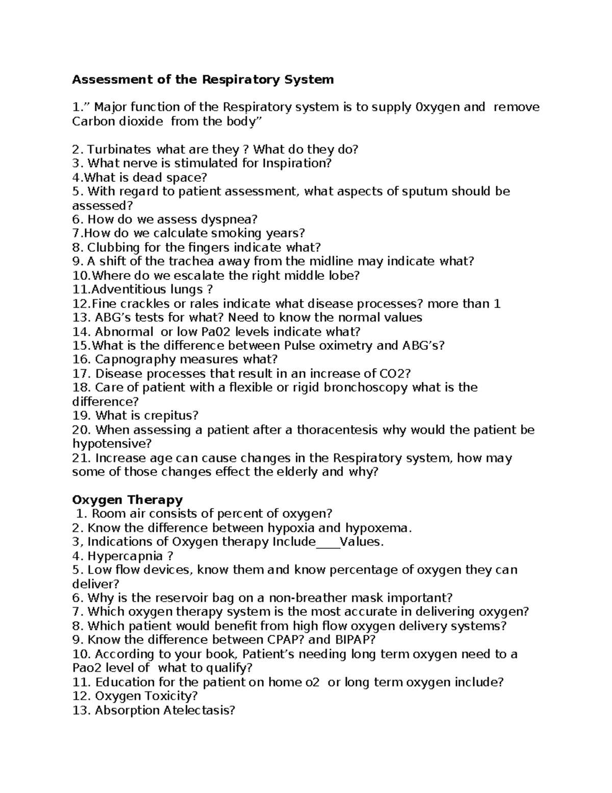 Respiratory System Assessment & Review (NUR 101) - Studocu
