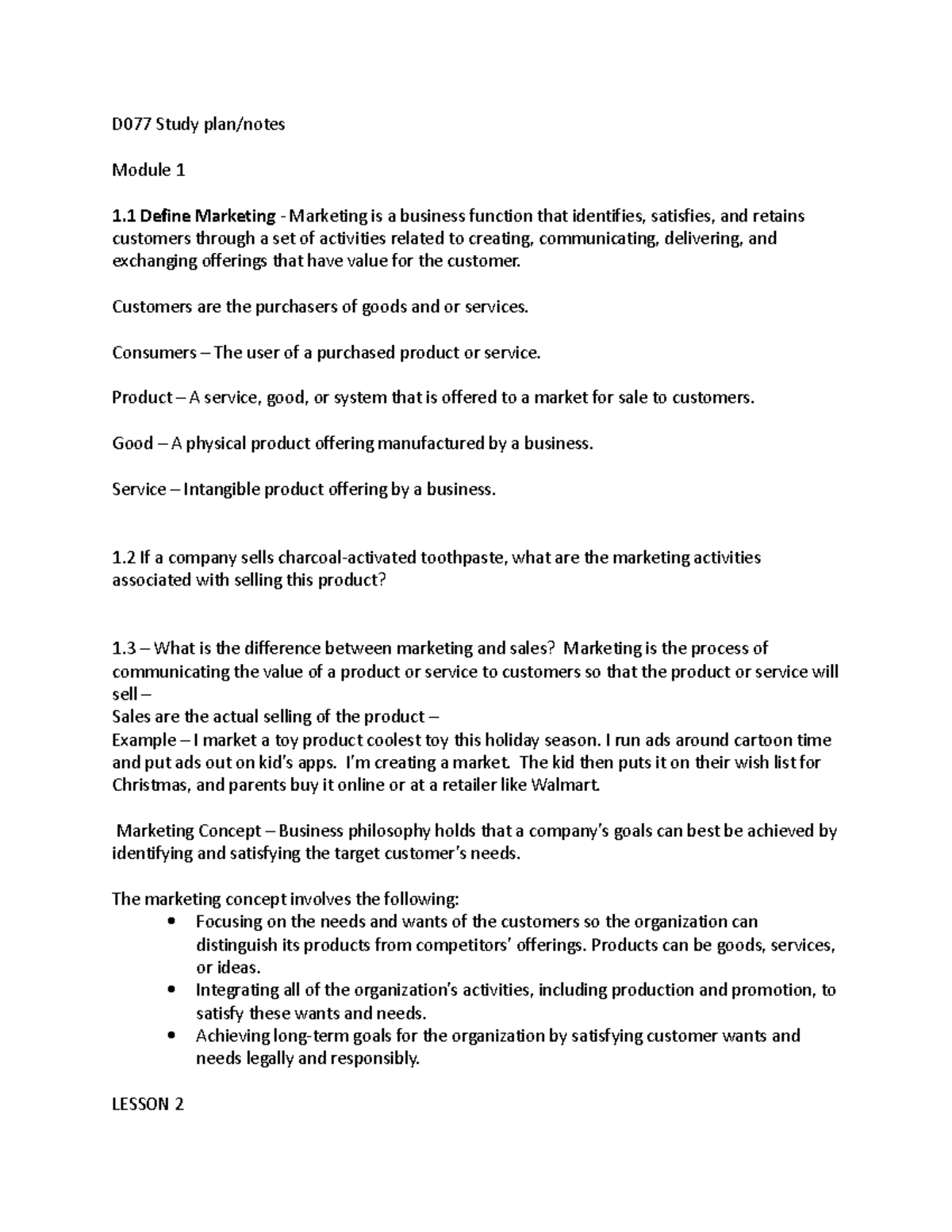 D077 Study Module 1: Marketing Activities Marketing vs Sales Marketing ...