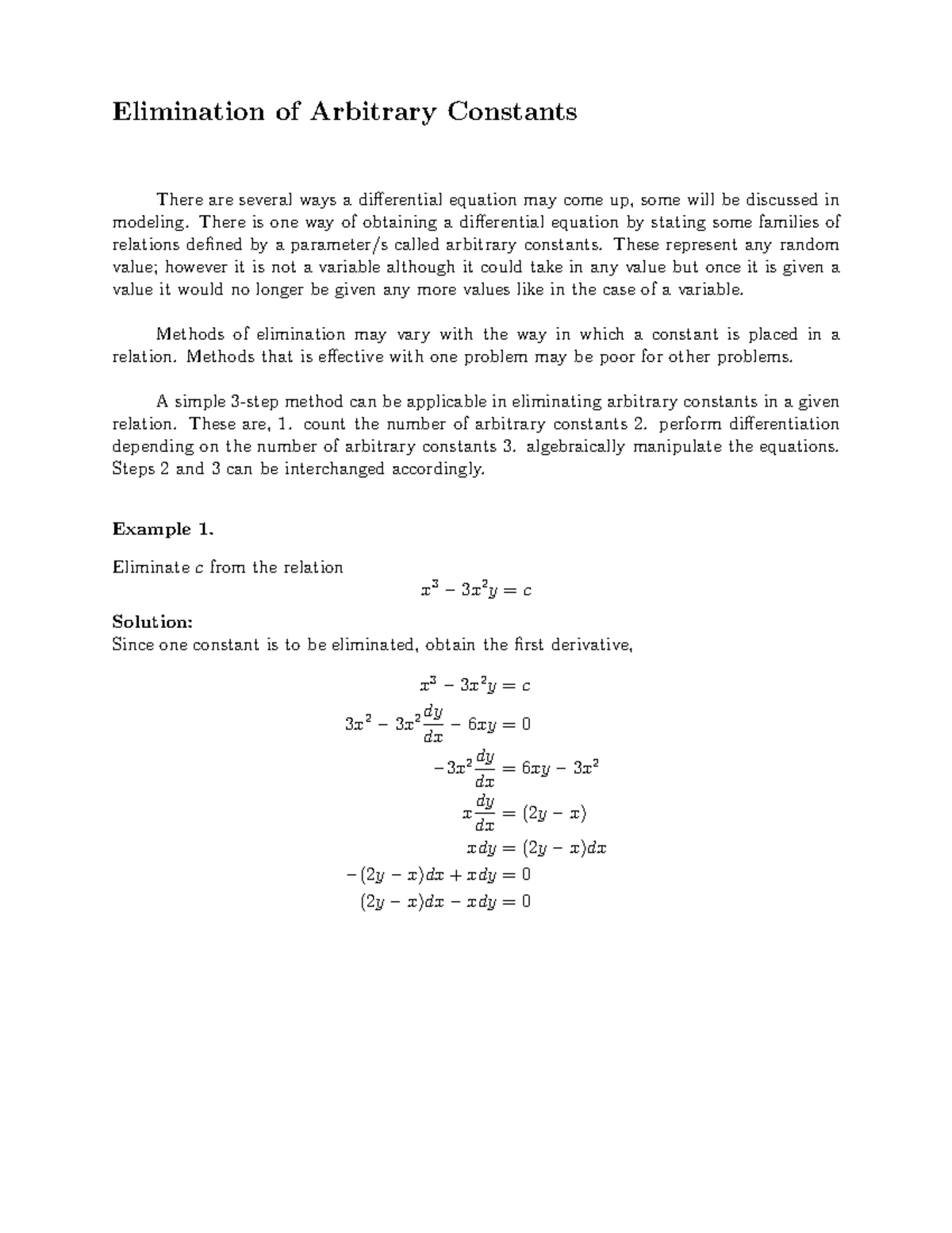Elimination of Arbitrary Constants: Methods and Examples in DEs - Studocu