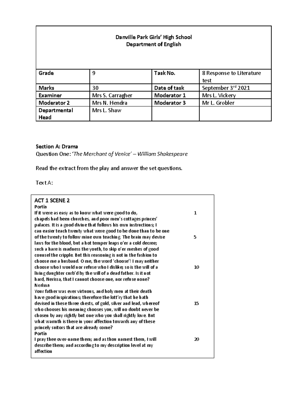 Grade 9 Response to Literature Test 3: Drama & Short Stories - Studocu