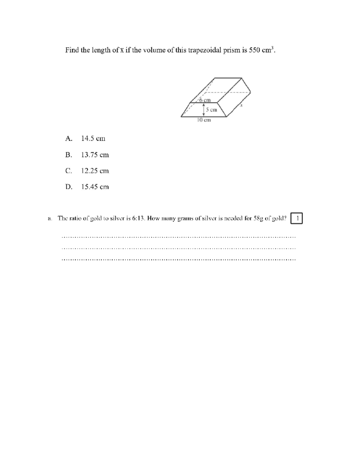 Year 8 Maths Practice Questions: Volume & Ratio Problems - Studocu