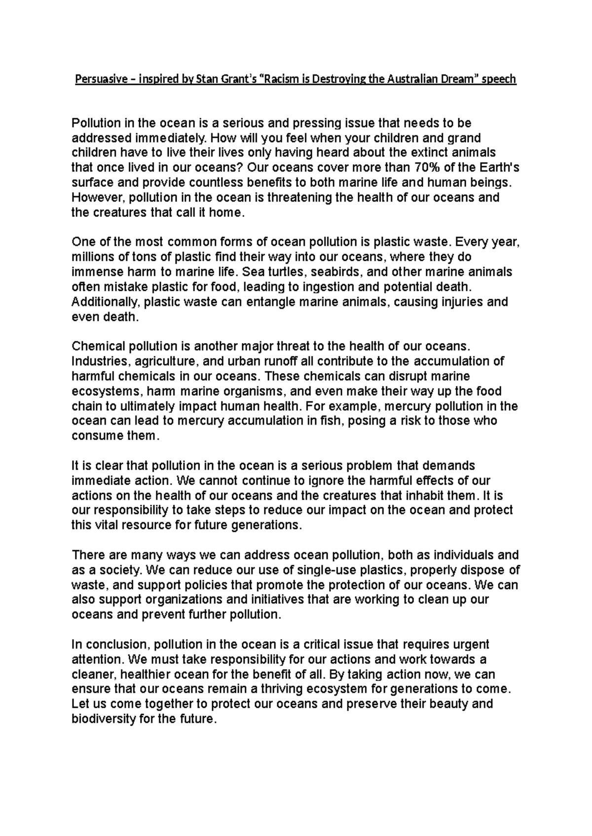 Persuasive Speech: Addressing Ocean Pollution Issues - Studocu