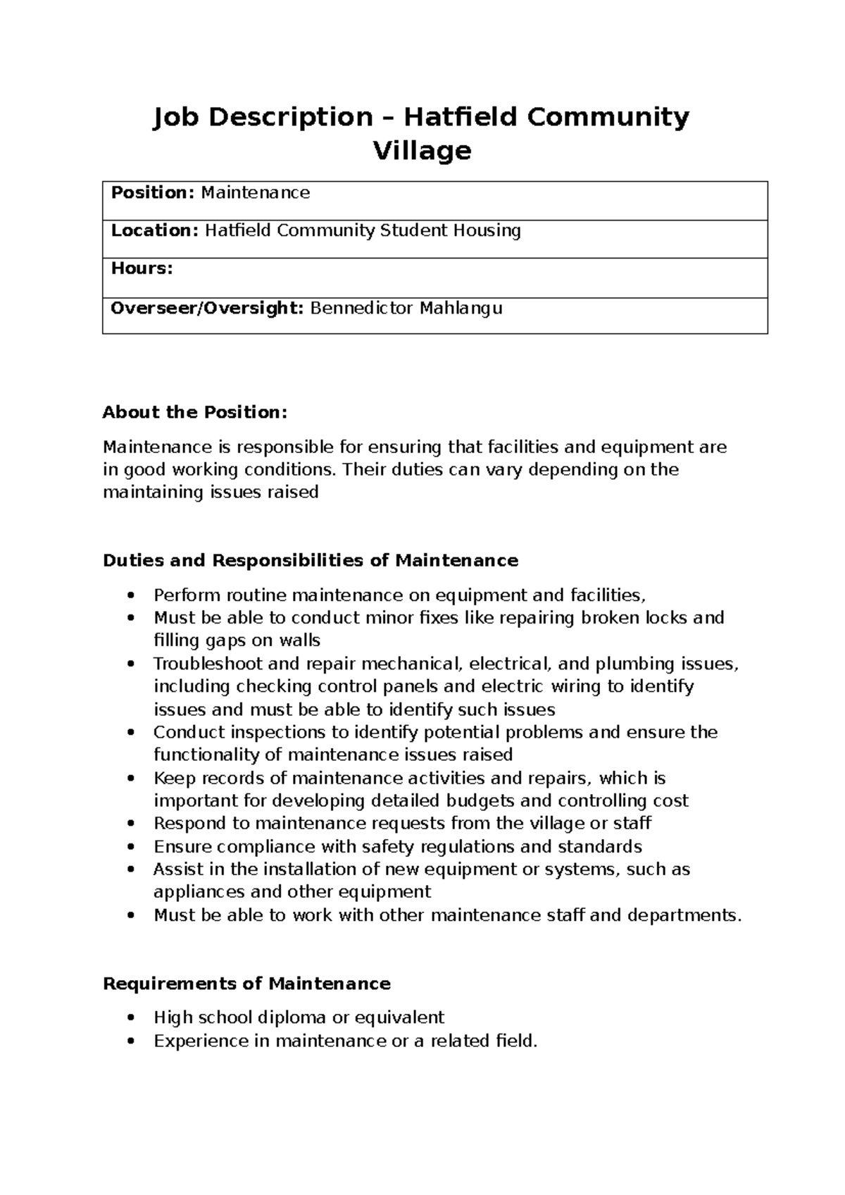 Job Description: Maintenance Position at Hatfield Community Village ...