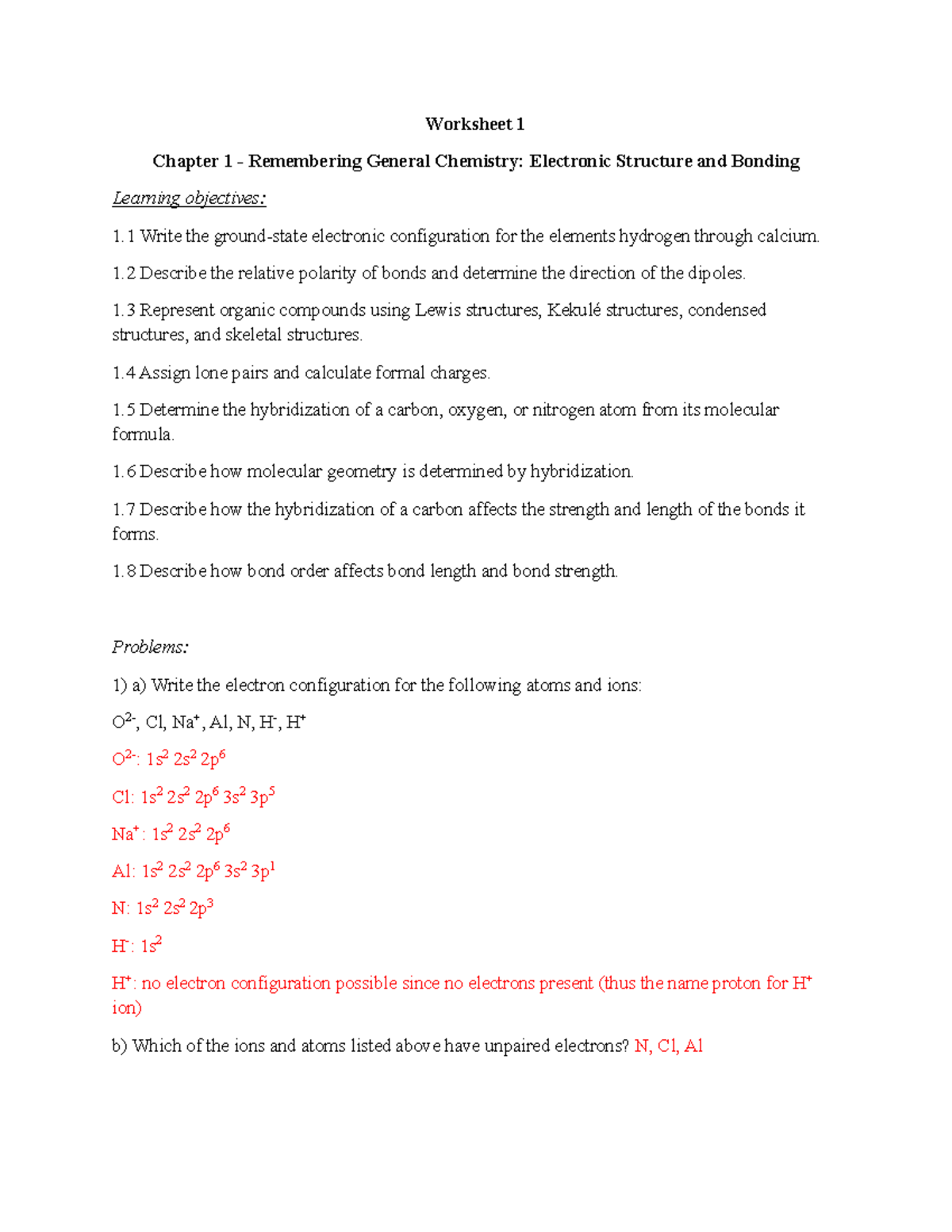 General Chemistry CH1: Electronic Structure & Bonding Worksheet - Studocu