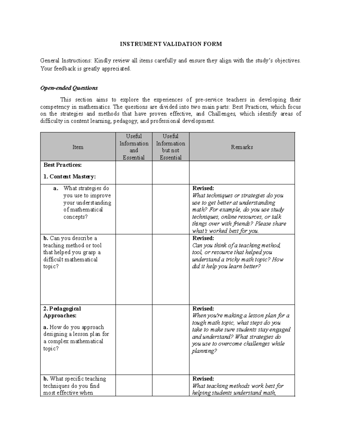 Validation Form - Lecture on Teacher Competency in Mathematics - Studocu