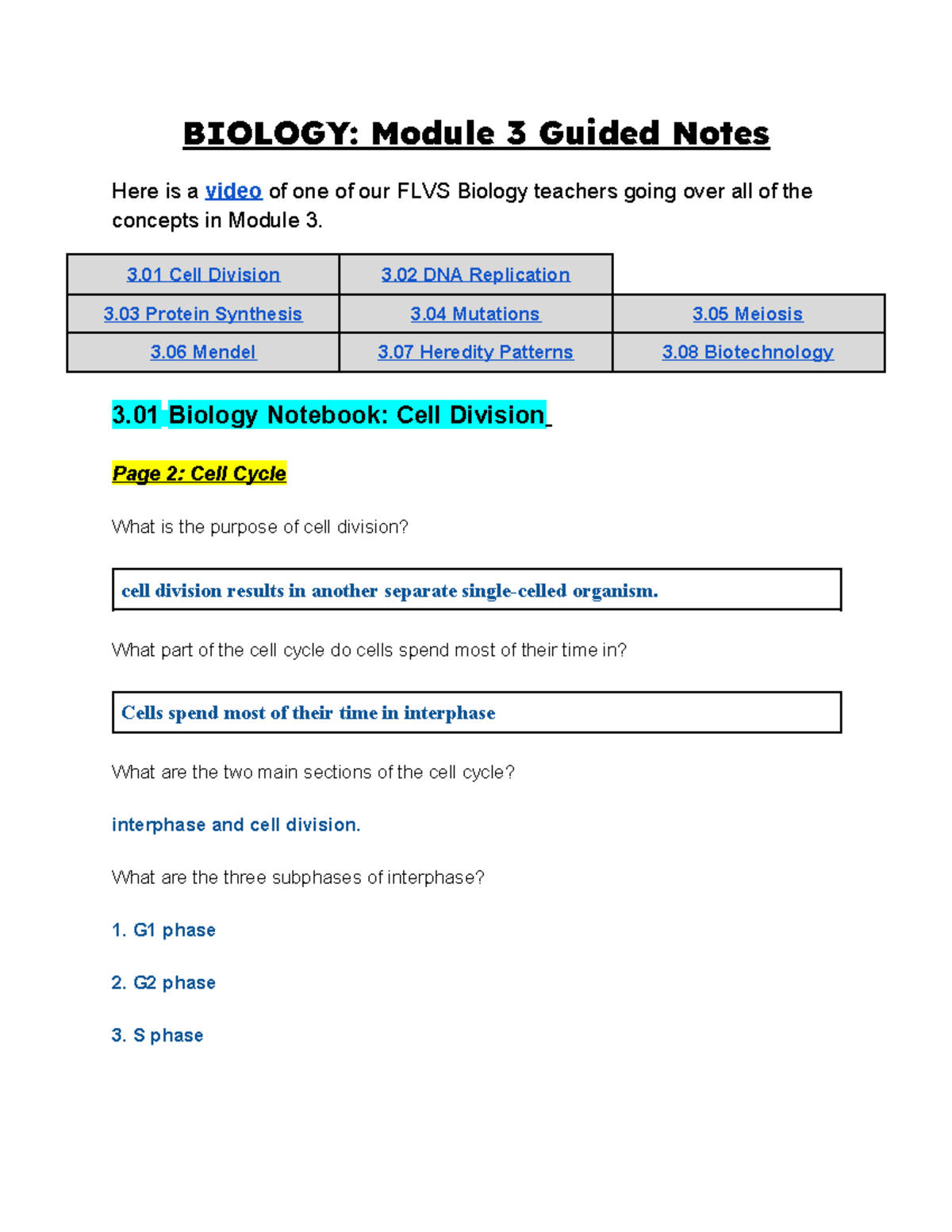 Mod 3 Biology Notes: Concepts of Cell Division, DNA & Protein Synthesis ...