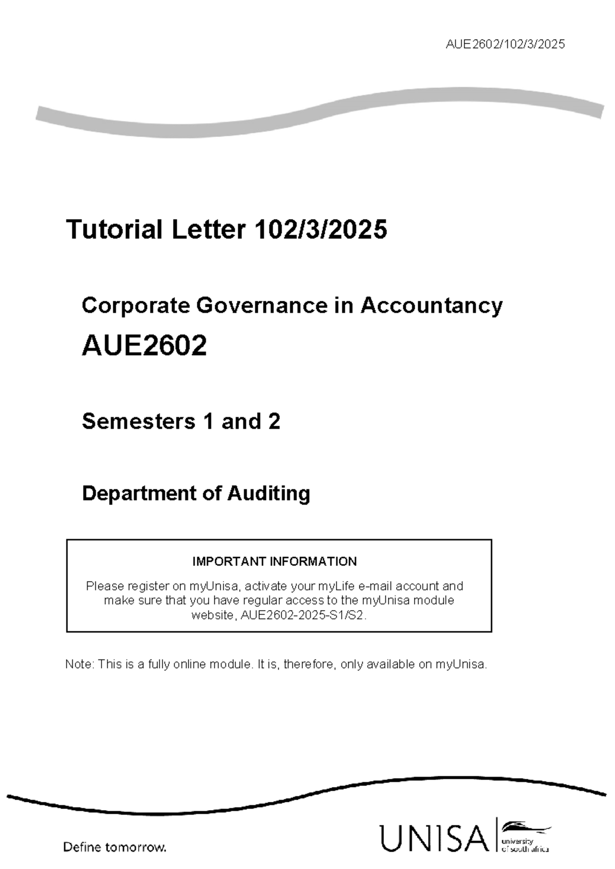 AUE2602 Tutorial Letter: Corporate Governance in Accountancy 2025 - Studocu