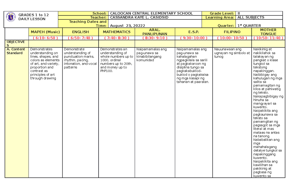 Q1 W1 D2 dll - Grade 2 Lesson Plan- MELC BASED- All Subjects - School: CALOOCAN CENTRAL ...