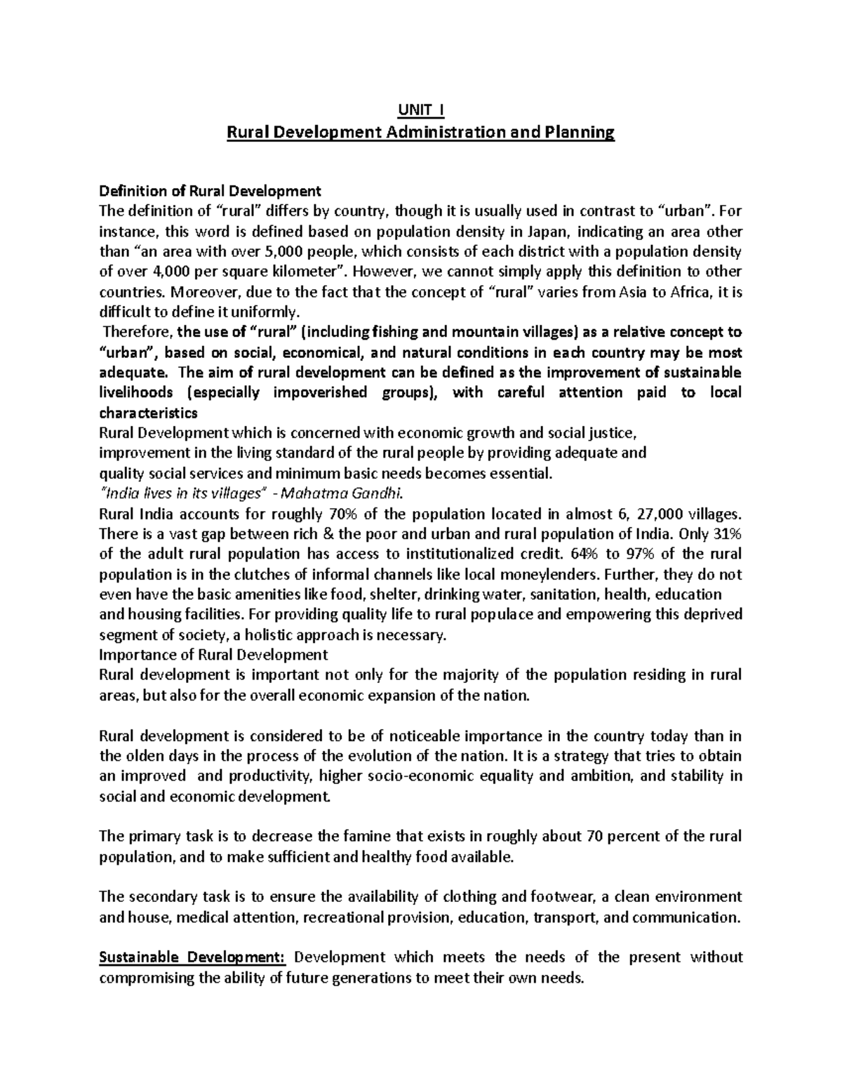 Rural Development Administration: Unit I Comprehensive Notes - Studocu