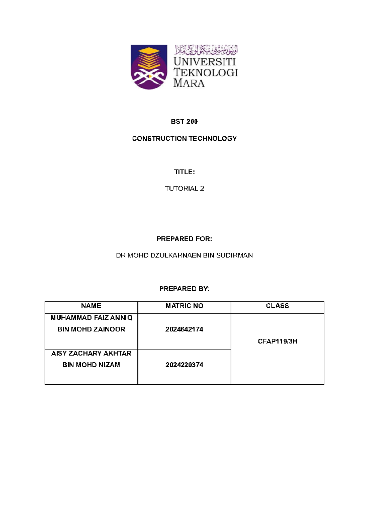 BST 200 Construction Technology: Tutorial 2 on Timber Building Systems ...
