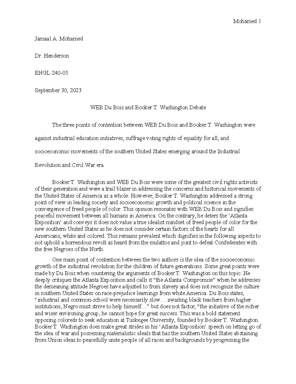 ENGL Assignment: WEB Du Bois vs. Booker T. Washington Debate - Studocu
