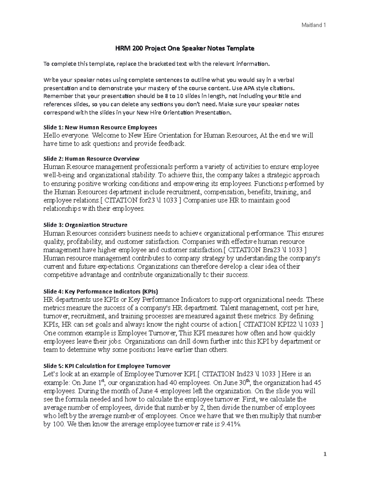 HRM 200 Project One New Hire Orientation Speaker Notes Template - Studocu