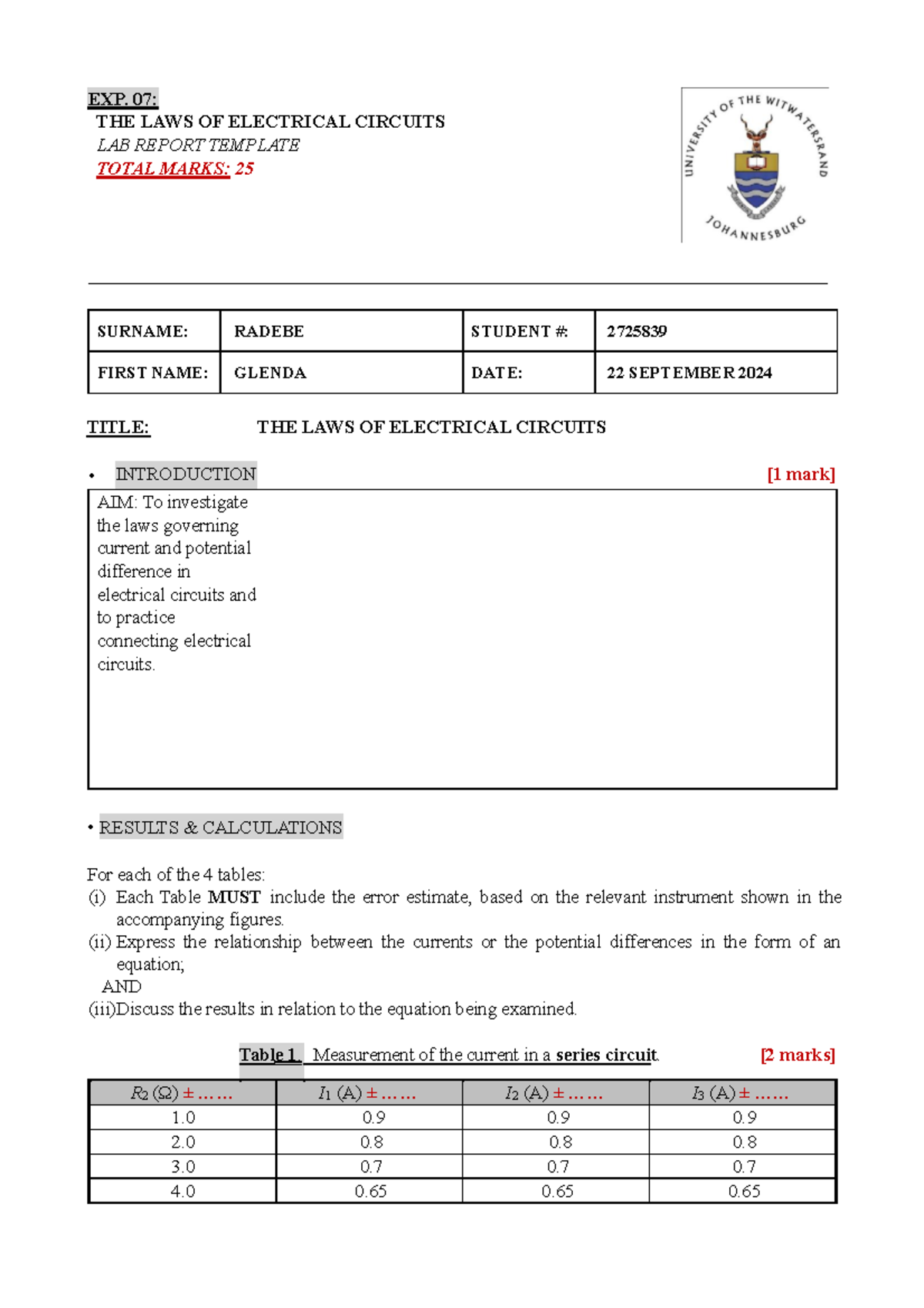 EXP07 - Lab Report on Laws of Electrical Circuits - Studocu