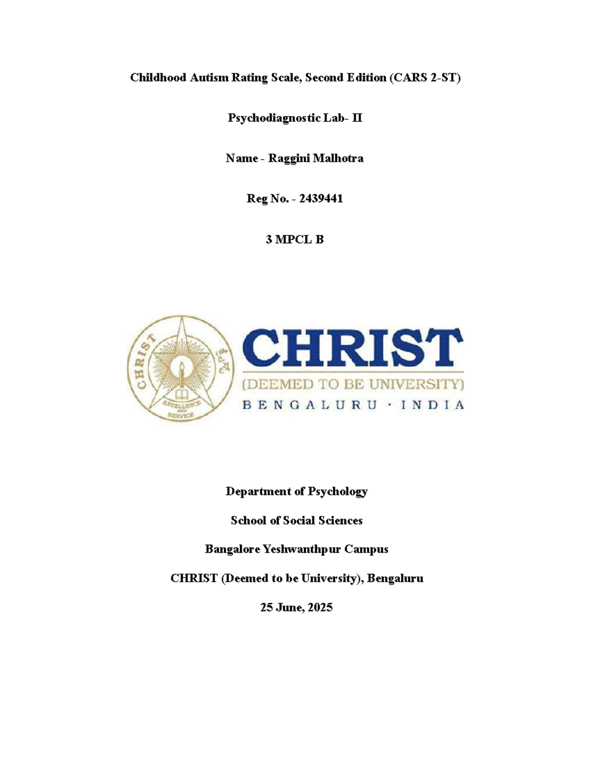 CARS II Practical Report: Childhood Autism Assessment for Kirat - Studocu