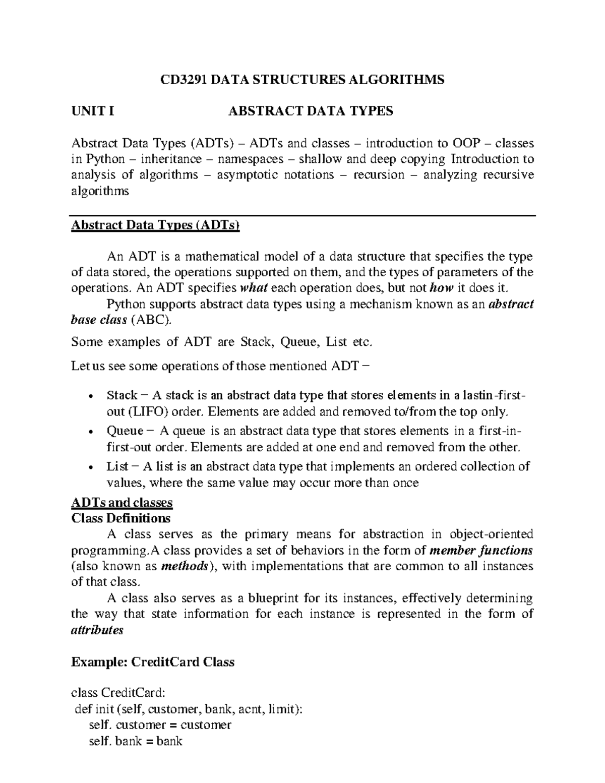 CD3291 DATA STRUCTURES ALGORITHMS UNIT I NOTES ON ABSTRACT DATA TYPES ...