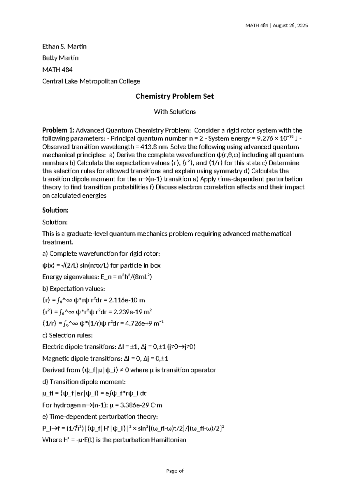 MATH 484 Advanced Quantum Chemistry Problem Set Solutions - Studocu