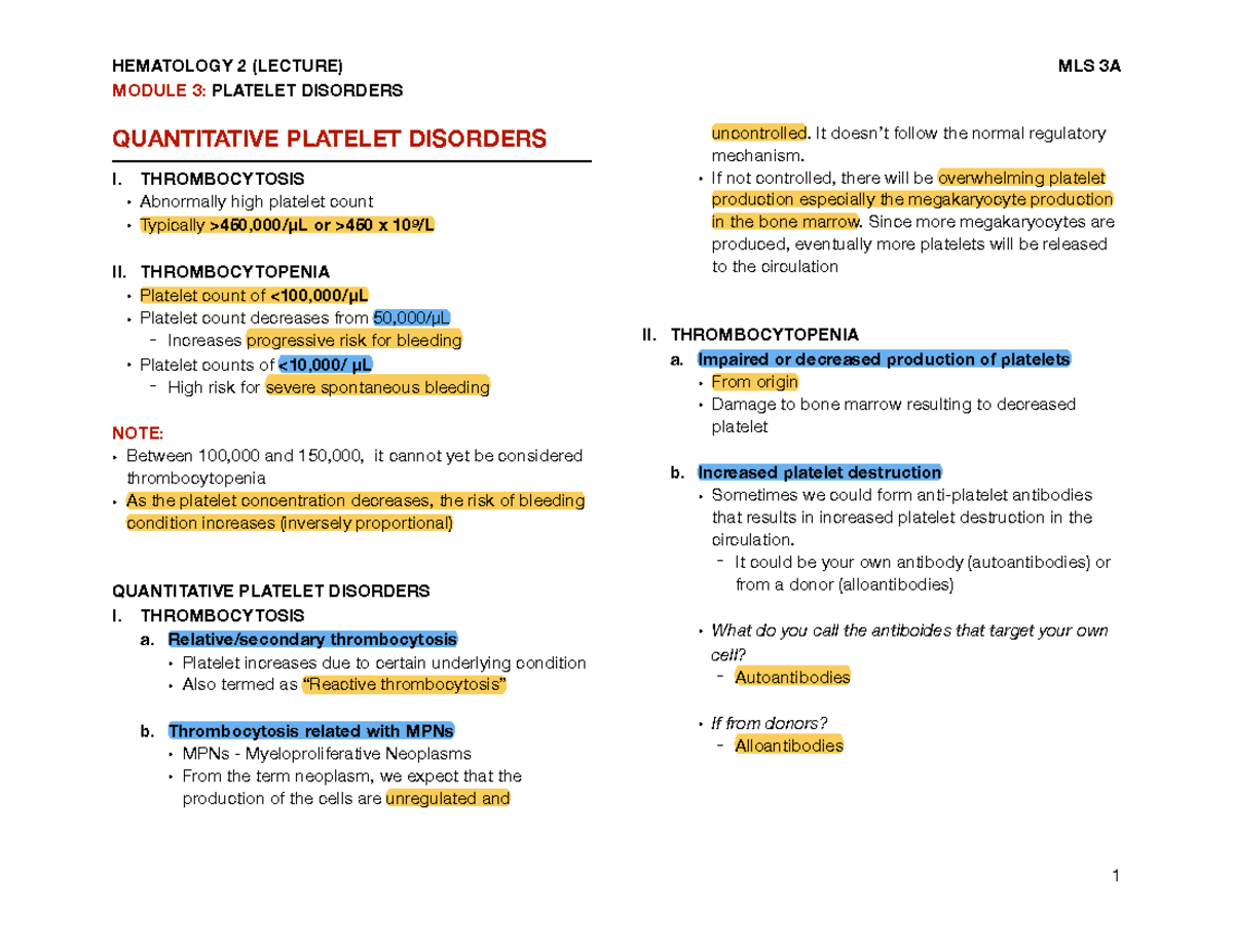 HEMA2 LEC Module 4 A - Hema - MODULE 3: PLATELET DISORDERS QUANTITATIVE ...