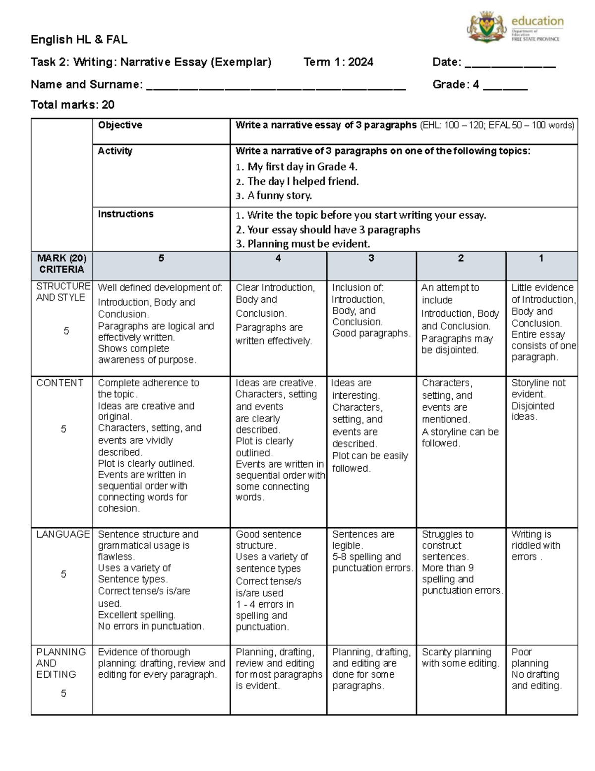 Exemplar Task 2: Narrative Essay Writing for Grades 4-7 (2024) - Studocu