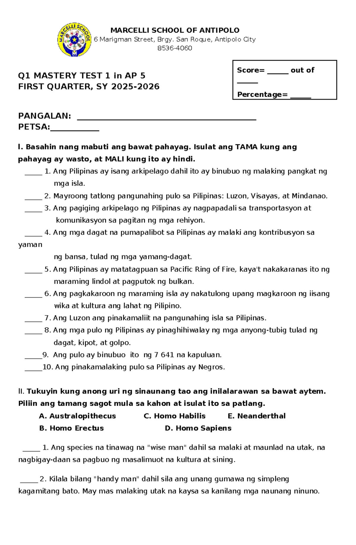 AP 6 Q1 Mastery Test 1 Worksheet - HELE 4 - Studocu