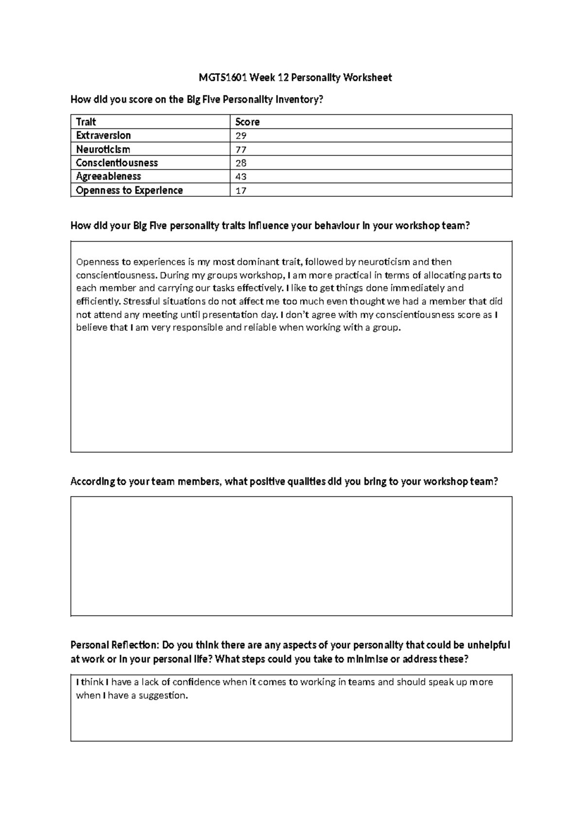 MGTS1601 Week 12 Tutorial: Big Five Personality Reflection - Studocu